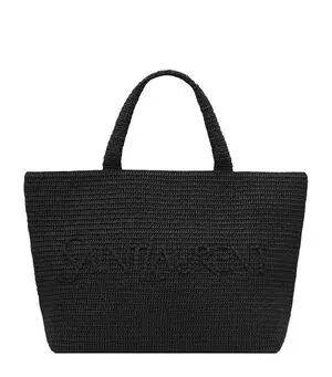 Saint Laurent Raffia Logo Tote Bag - Black