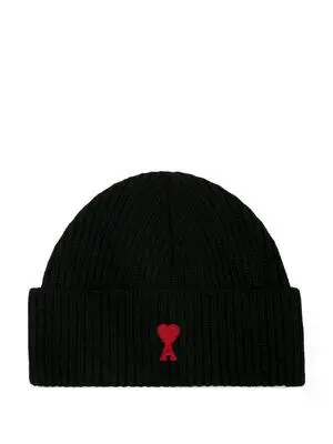 AMI Paris De Coeur Patch Wool Beanie - Black