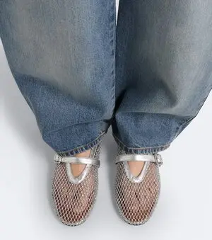 Alaïa Metallic Fishnet Mary Jane Flats - Silver