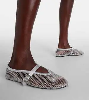 Alaïa Metallic Fishnet Mary Jane Flats - Silver