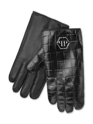 Philipp Plein Crocodile-effect Leather Gloves - Black