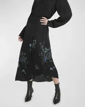 Giorgio Armani Floral Print Silk Wrap Midi Skirt - Solid Black