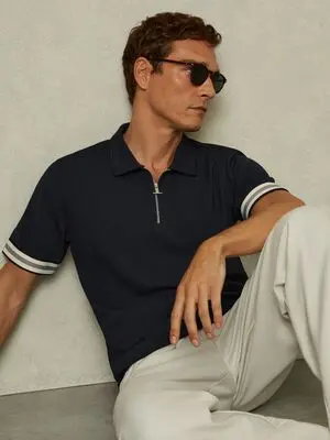 REISS Bristol Textured Half-zip Polo Shirt - Navy
