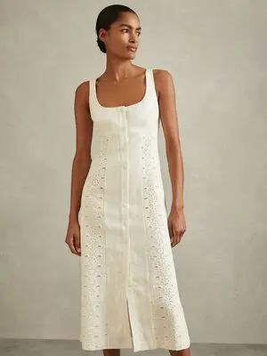 REISS Clarice Linen Broderie Midi Dress - Ivory