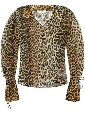 GANNI Animal-print Long-sleeve Blouse - Neutrals