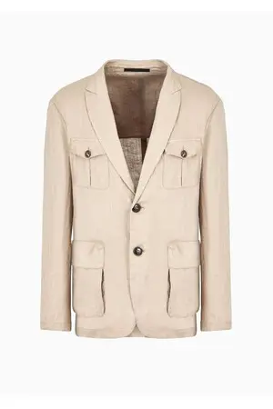 Giorgio Armani Single-Breasted, Linen Canvas Safari Jacket - Red