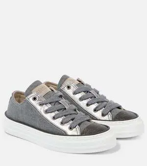 Brunello Cucinelli Monili Leather-trimmed Sneakers - Grey