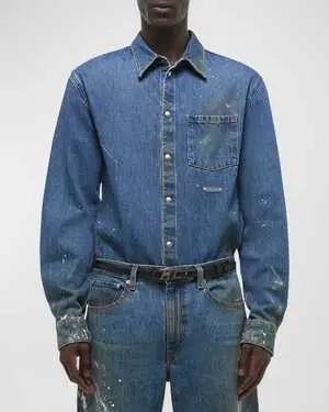 Helmut Lang Paint Splatter Denim Overshirt - Mid Indigo Painter