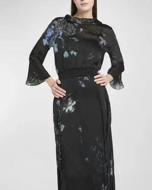 Giorgio Armani Floral Print Silk Gown - Solid Black