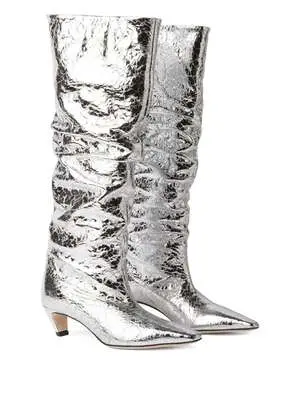 MSGM Ruched Foiled Leather Boots - Silver