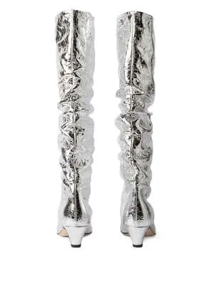 MSGM Ruched Foiled Leather Boots - Silver