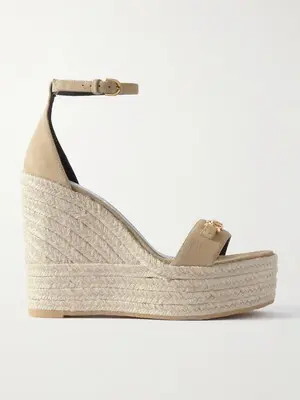 Versace Embellished Suede Espadrille Wedge Sandals - Brown