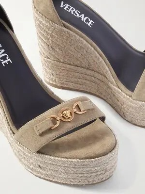 Versace Embellished Suede Espadrille Wedge Sandals - Brown