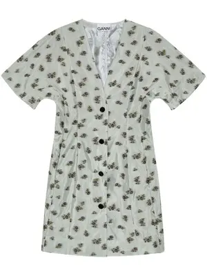 GANNI Floral Print Mini Dress - Neutrals