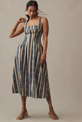 Weworewhat Corset Pleated Len Midi Dress - Blue | Editorialist