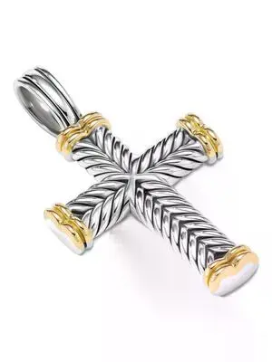 David Yurman 18kt Yellow Gold And Sterling Chevron Cross Pendant - Silver