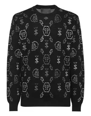 Philipp Plein Merino Wool Pullover Round Neck Ls Jacquard Monogram - Multi