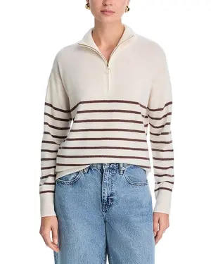 Bloomingdale'S Mock Neck Quarter Zip Striped Sweater - Ivory/cafe