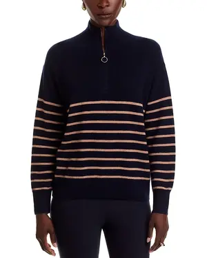 Bloomingdale'S Mock Neck Quarter Zip Striped Sweater - Navy/camel