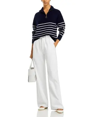 Bloomingdale'S Mock Neck Quarter Zip Striped Sweater - Navy/ivory