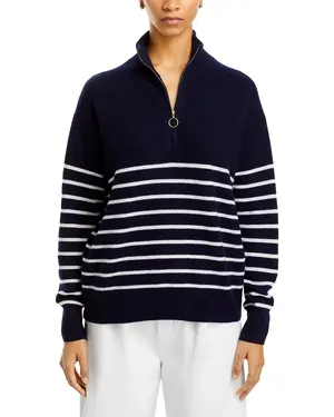 Bloomingdale'S Mock Neck Quarter Zip Striped Sweater - Navy/ivory