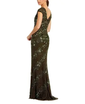 Mac Duggal Embellished Cap-sleeve Gown - Olive