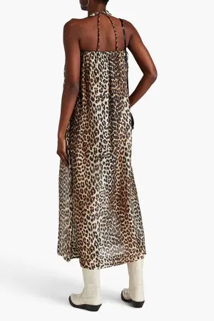 knee length dresses for ladies Silk Linen Wrap Dress (Maxi Leopard)