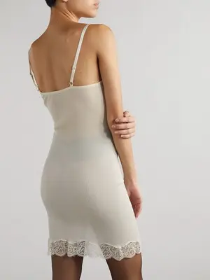 Saint Laurent Lace-trimmed Ribbed Silk-jersey Mini Dress - Neutrals