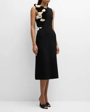 Lela Rose Colorblock Flower Applique Ribbed Midi Dress - Black |  Editorialist