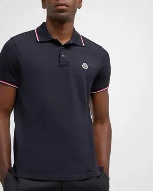 Moncler Apos;s Pique Logo Patch Polo Shirt - Blue