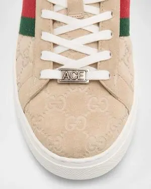 Gucci Ace Gg Monogram Suede Sneakers - Oatmeal
