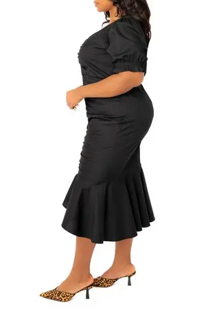 BUXOM COUTURE Ruched Fishtail Midi Dress - Black
