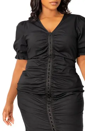 BUXOM COUTURE Ruched Fishtail Midi Dress - Black