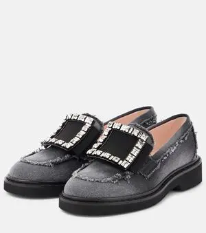 ROGER VIVIER Viv' Ranger Embellished Denim Loafers - Grey