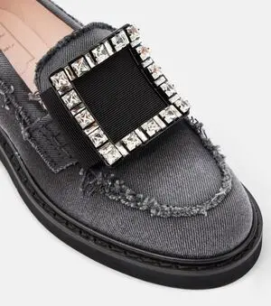 ROGER VIVIER Viv' Ranger Embellished Denim Loafers - Grey