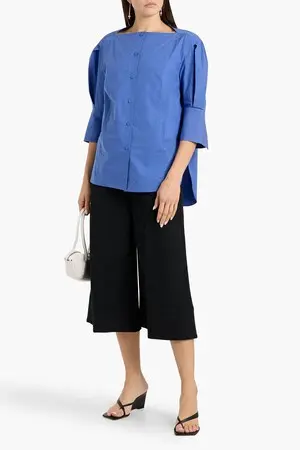 Another Tomorrow Oversized Pleated Cotton-poplin Top - Cobalt Blue