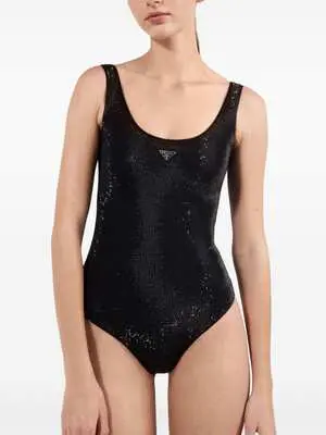 Prada Embellished Jersey One-piece Swimsuit With Triangle Logo - Black