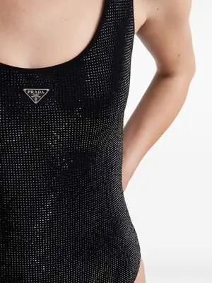 Prada Embellished Jersey One-piece Swimsuit With Triangle Logo - Black