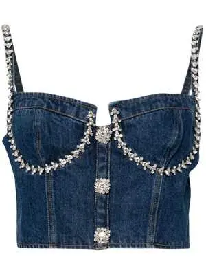SELF-PORTRAIT Crystal-embellished Denim Bustier Top - Blue