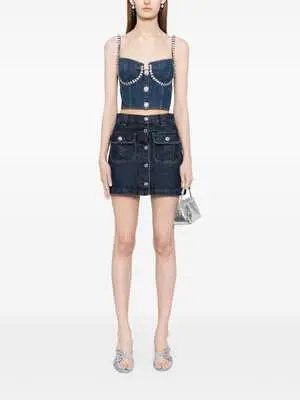 SELF-PORTRAIT Crystal-embellished Denim Bustier Top