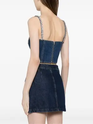 SELF-PORTRAIT Crystal-embellished Denim Bustier Top