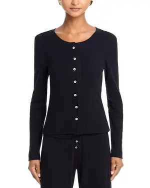 LESET Pointelle Crewneck Cardigan - Black