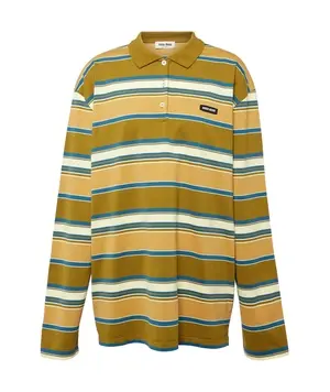 Miu Miu Striped Cotton Jersey Polo Sweater - Brown