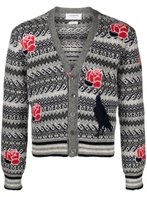 Thom Browne Intarsia Knit Wool-blend Cardigan - Grey