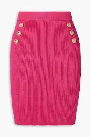 Balmain Button-embellished Ribbed-knit Mini Skirt - Fuchsia
