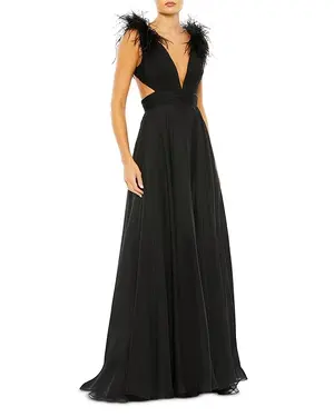 Mac Duggal Ieena Feather Cut Out Long Dress - Black