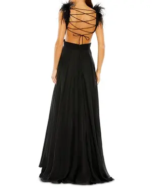 Mac Duggal Ieena Feather Cut Out Long Dress - Black