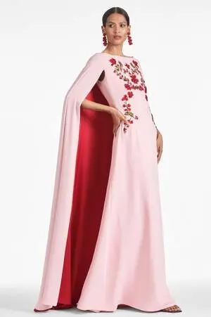 Sachin & Babi Vittoria Floral Embroidered Cape Gown - Morganite/ruby