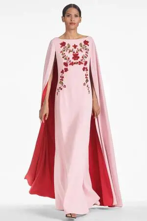 Sachin & Babi Vittoria Floral Embroidered Cape Gown - Morganite/ruby