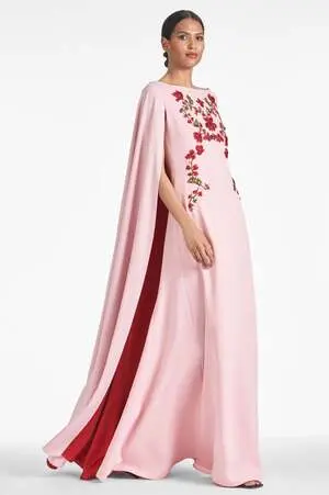 Sachin & Babi Vittoria Floral Embroidered Cape Gown - Morganite/ruby